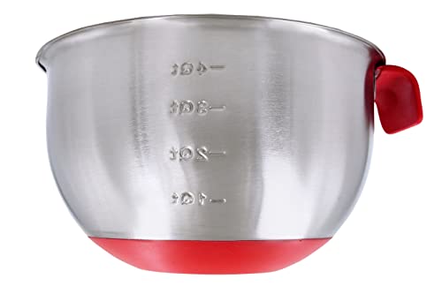 Kansara Stainless Steel Mixing Bowls, Non slip silicone base bowls with Handle, Mixing Bowl Set with Pour Spouts & Measurement Marks, Home Essentials Cooking Bowls (Size: 1QT, 2.5QT, 4QT) Red Color