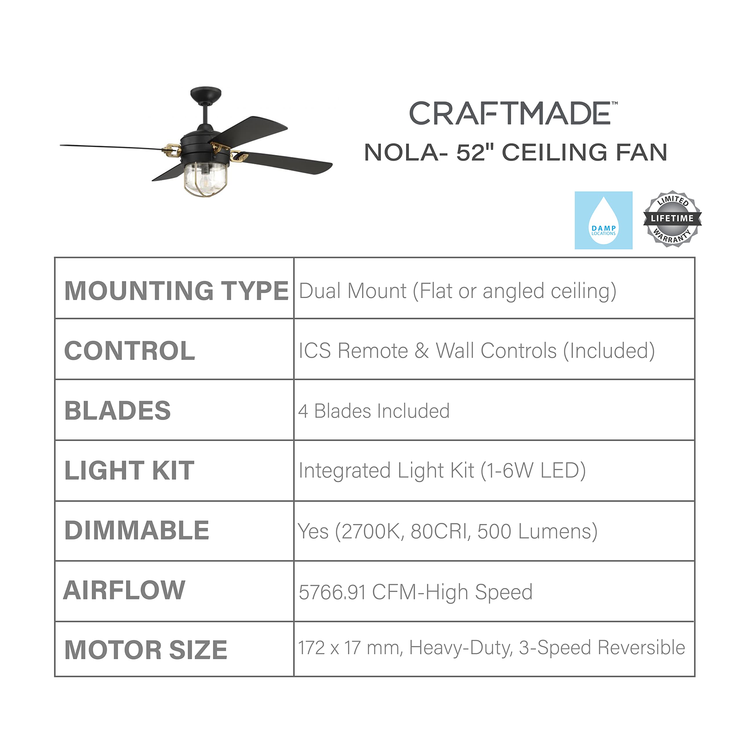 Craftmade NOL52FBSB4 Nola Dual Mount 52" Ceiling Fan with LED Light and Remote, 4 Blades, Flat Black & Satin Brass