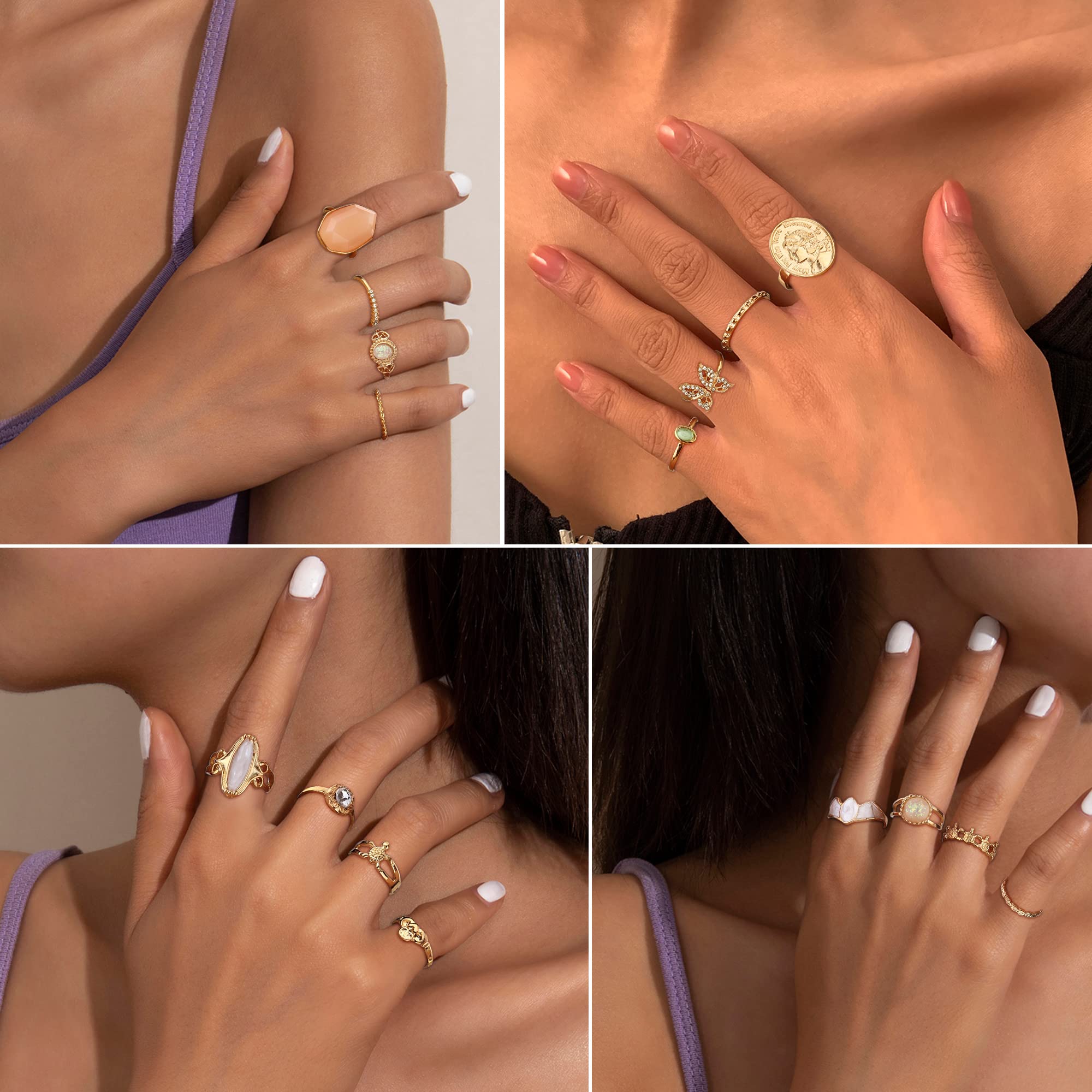 FIBO STEEL 82 Pcs Vintage Gold Knuckle Rings for Women Bohemian Midi Stackable Rings Boho Butterfly Snake Crystal Stacking Rings Pack Gold Tone