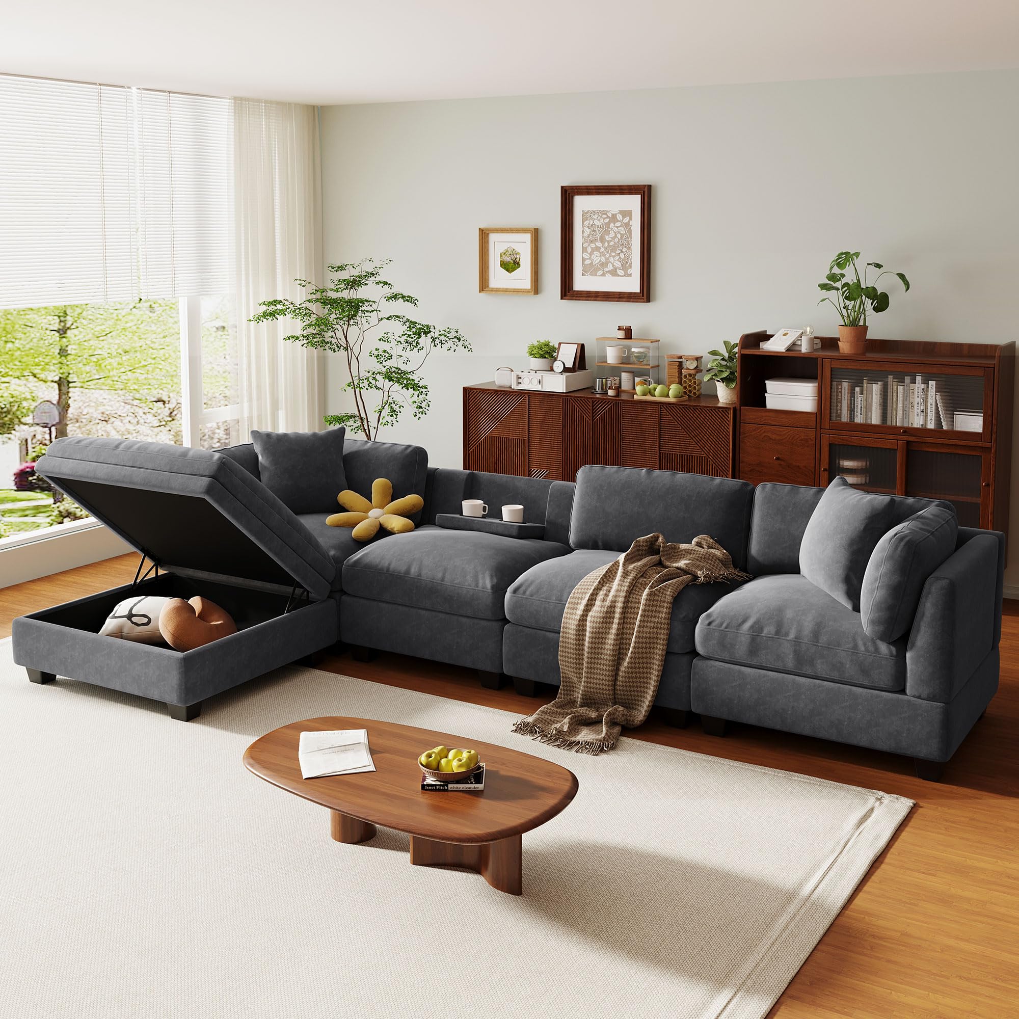 Merax Modern Upholstered Modular Sectional Sofa with Removable Storage Ottoman and Hidden Cup Holders Freely Combinable Indoor Furniture Sets for Apartments,Studio,Office, 5 Seat-L Shape, Grey