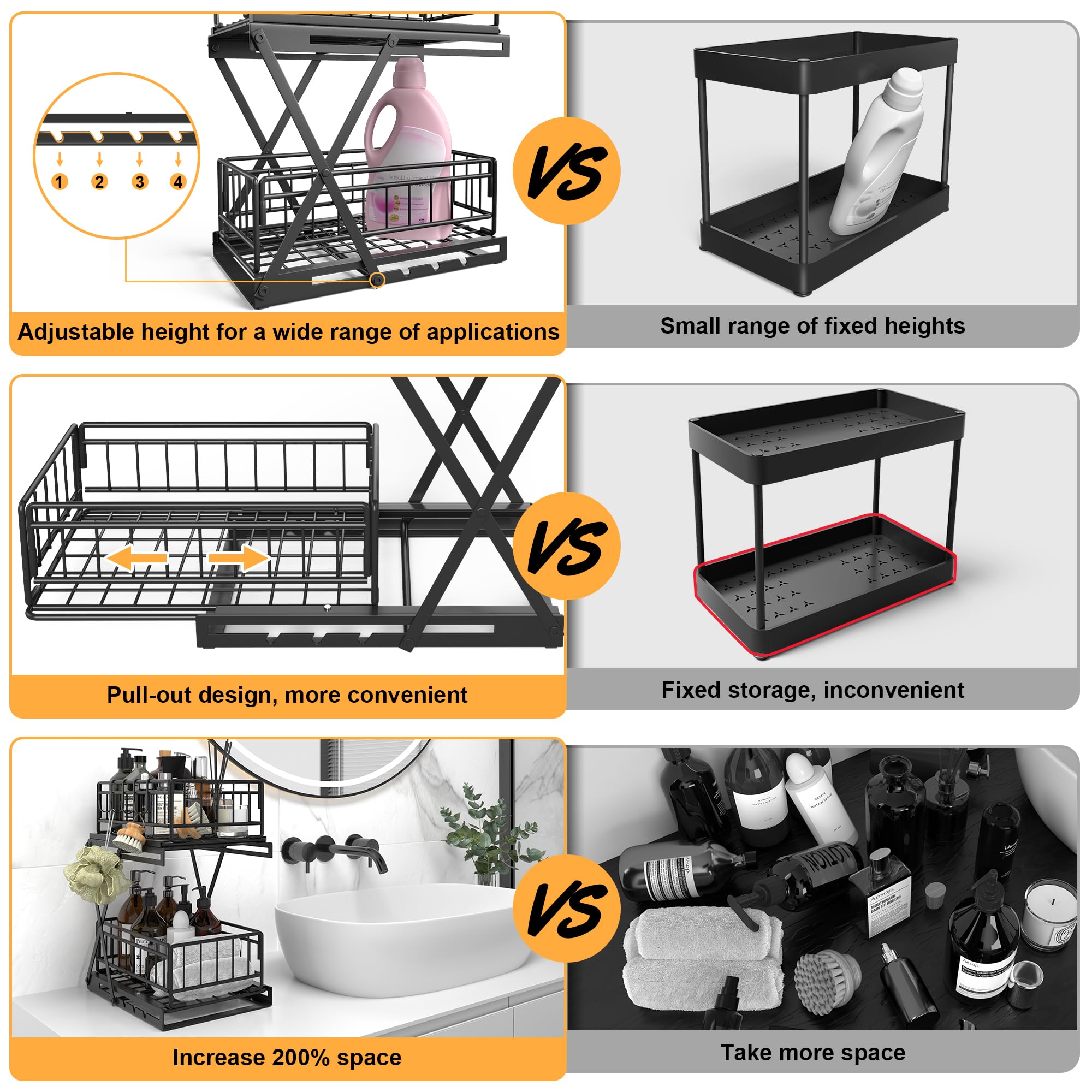 Under Bathroom Sink Organizer, 2-Tier Under The Sink Organizer and Storage Adjustable Pull Out Organization Basket, Sliding Drawer Shelf with Hooks for Kitchen Bathroom Cabinet, 2 Pack
