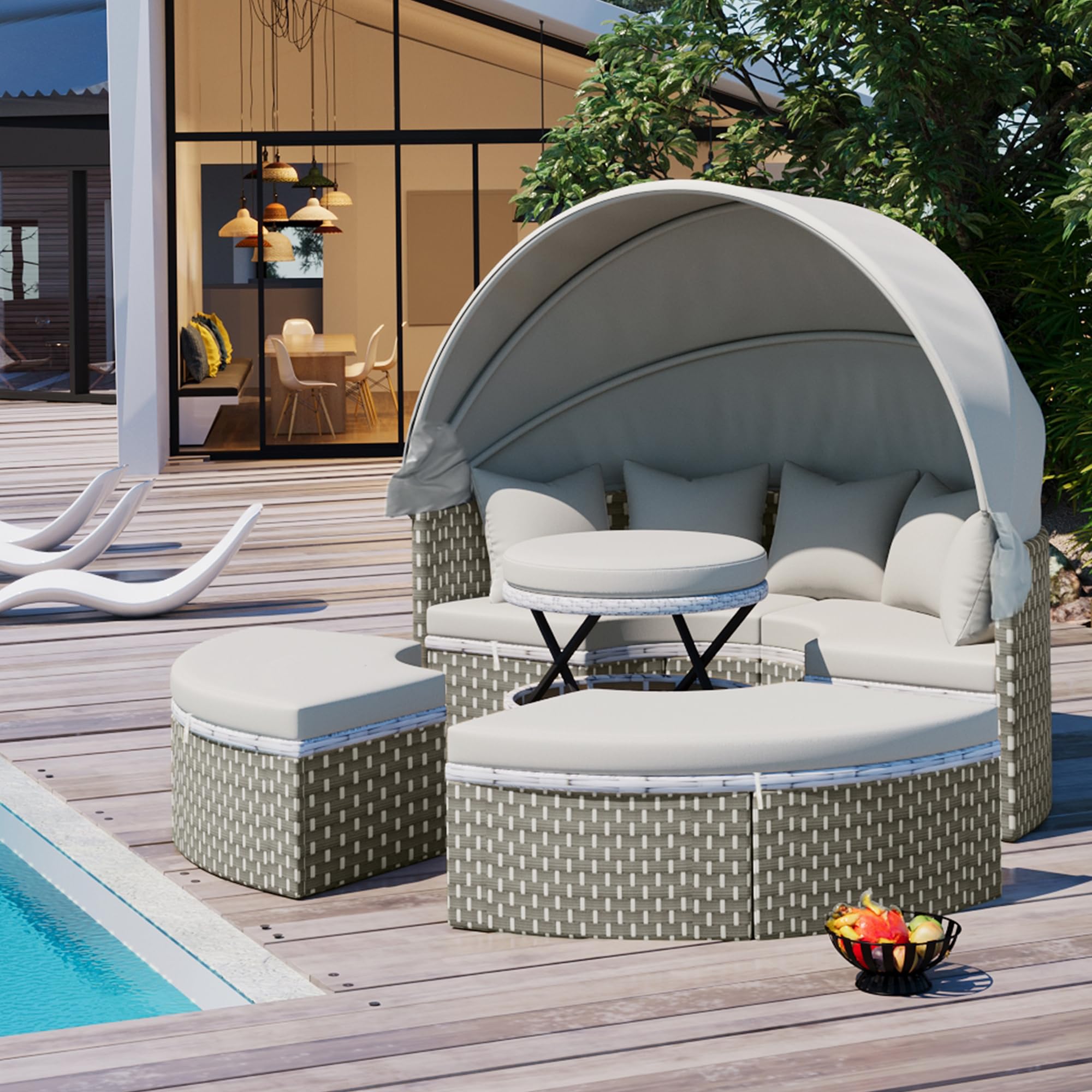 Merax Patio Conversation Set, 5-Piece Outdoor Furniture Round Sectional Sofa Set Rattan Daybed Two-Tone Weave Sunbed with Retractable Canopy, Gray
