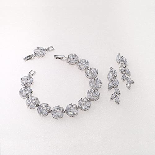 UDYLGOON UDORA Cubic Zirconia Leafs Earrings Bracelet Jewelry Set For Bridal Bridesmaid Wedding Prom (White Gold)