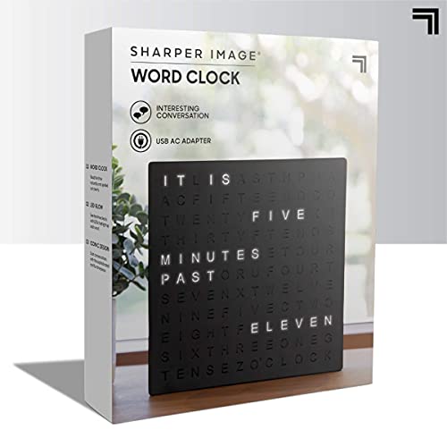 SHARPER IMAGEĀ® LED Light-Up Word Clock, 7.75" Modern Design, Electronic Accent Wall or Desk Clock, USB Cord & Power Adapter, Unique Contemporary Home & Office Decor, Easy Setup, Housewarming Gift