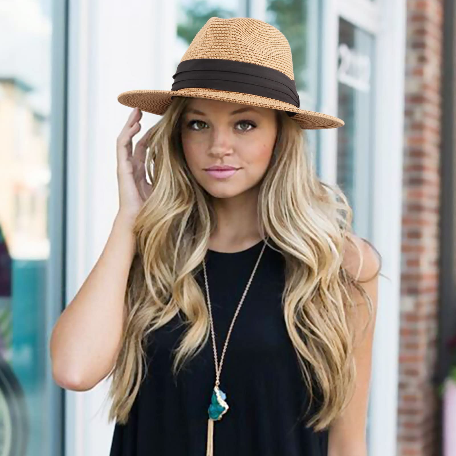 DRESHOW Women Panama Hat Fedora Beach Sun Wide Brim Straw Roll up Hat UPF 50+