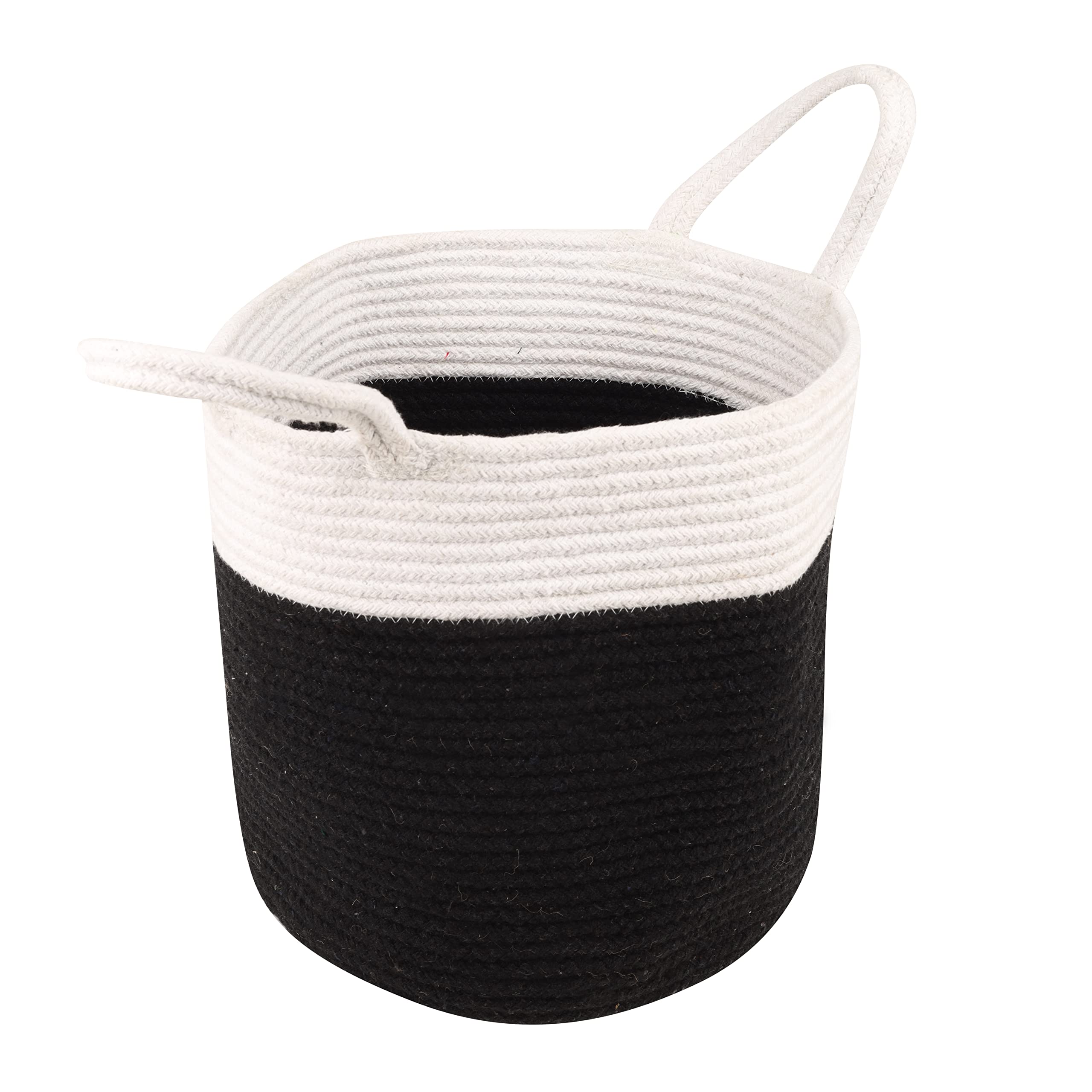 Handwoven Round Rope Basket with Handle made from Recycled Cotton, 11.81 x 11.81 x 11.81 inches Round Storage Baskets for Towel, Toys, Diaper, Foldable Laundry Basket, Black White