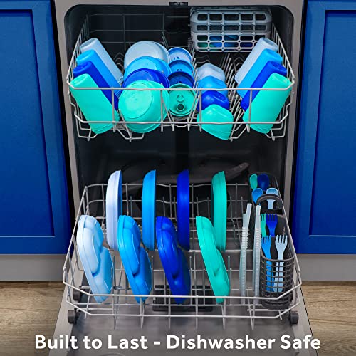 Re Play - 4 Pack 7.37" Divided Plates with Deep Sides for Baby, Toddler & Child Feeding | BPA Free | Made in USA from Eco Friendly Recycled Milk Jugs | A True Blue+ (Aqua, Sky, Navy, Teal)