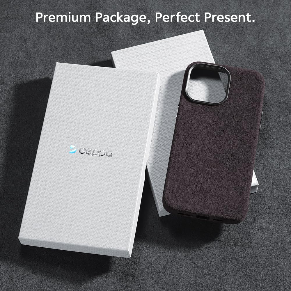 Deppa Full Body Alcantara case for iPhone 14 Pro Max (6.7') Shockproof Suede Cover with Magsafe Wireless Charging [Genuine Italian Alcantara] Enhanced Camera Protection| (Brown)