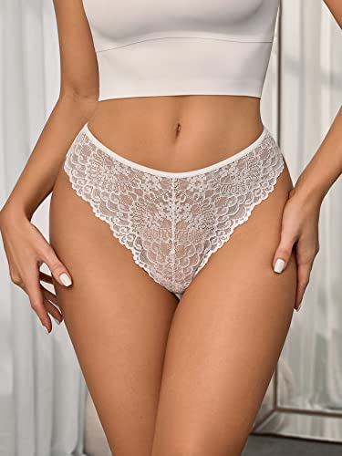 SweatyRocks Women's Lingerie Floral Lace Sheer Mesh Cut Out Thong Panties Underwear Plain White L