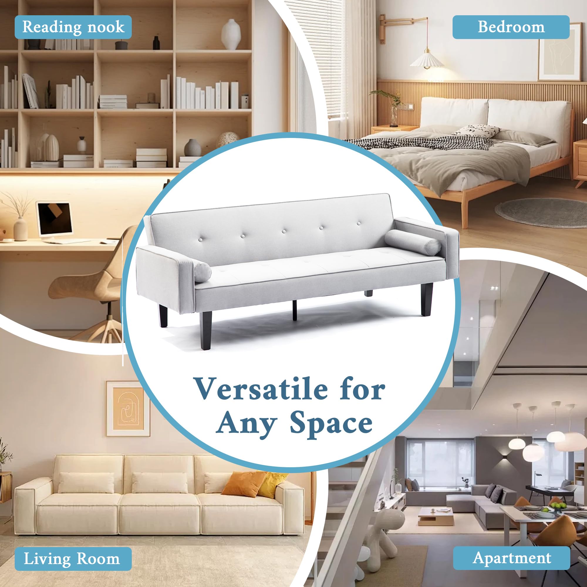 Modern Folding Velvet Futon Sofa Bed,Convertible Sleeper Couch with 2 Cup Holders,Loveseat Sofa Convertible Daybed with Removable Armrests for Compact Living Space (Velvet+Grey)