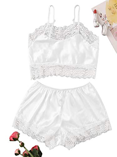 SweatyRocks Women's Satin Lace Sleepwear Spaghetti Strap Top and Shorts Pajama Set White M