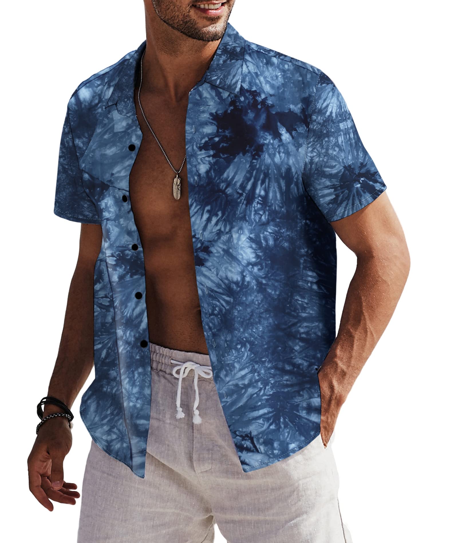 Deer Lady Mens 2024 Tie Dye Button Down Shirts Printed Short Sleeve Summer Hawaiian Beach Shirt Green XL