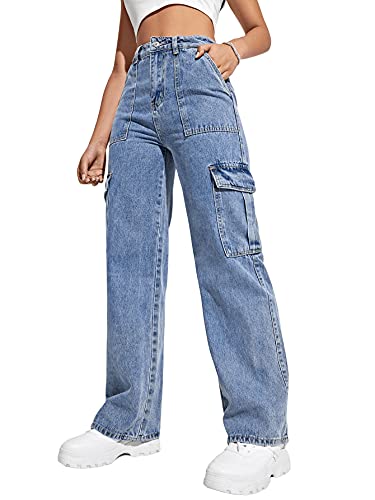 SweatyRocks Women's High Waist Cargo Jeans Flap Pocket Wide Leg Denim Pants Blue L