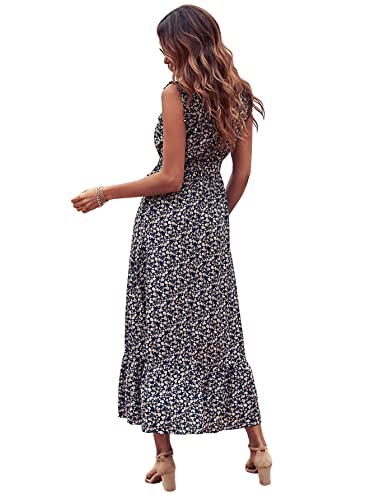 SweatyRocks Women's Floral Sleeveless Ruffle Hem A Line Midi Dress Mock Neck Belted Dresses Blue White S