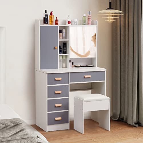 meolanov Large Vanity Desk Set with Mirror and Hidden Shelves & Cushioned Stool & 5 Drawers, White for Women Girls Bedroom