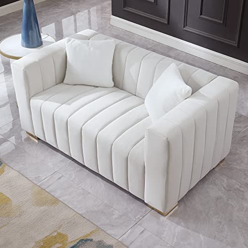 kevinplus 62.6'' Loveseat Chesterfield Sofa Couch for Living Room, Velvet Modern 2-Seat Upholstered Sofa Couch for Apartment Bedroom Dorm Office, Strong Gold Metal Legs, 2 Pillows, White