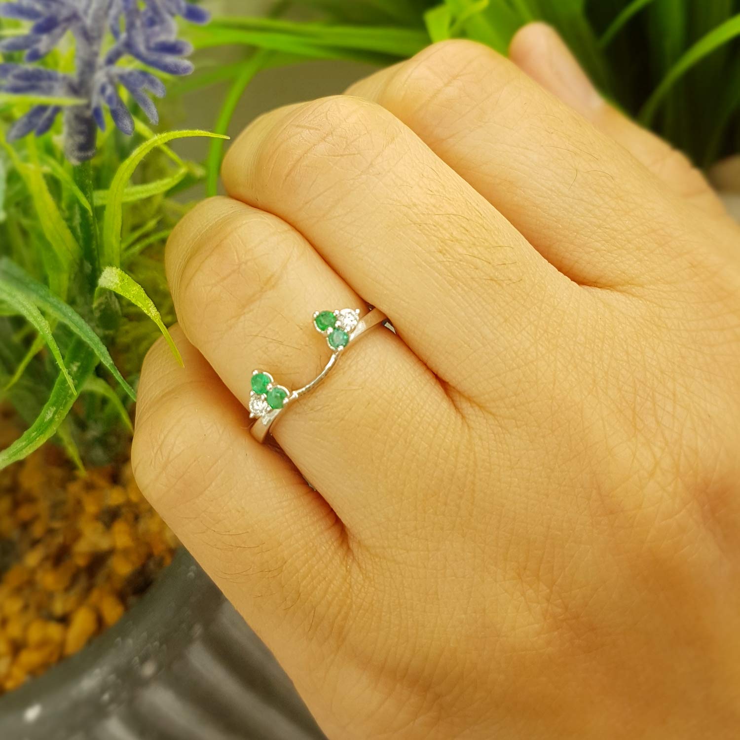 Dazzlingrock Collection 14K Round Green Emerald And White Diamond Women Wedding Ring Matching Guard Band, White Gold, Size 6