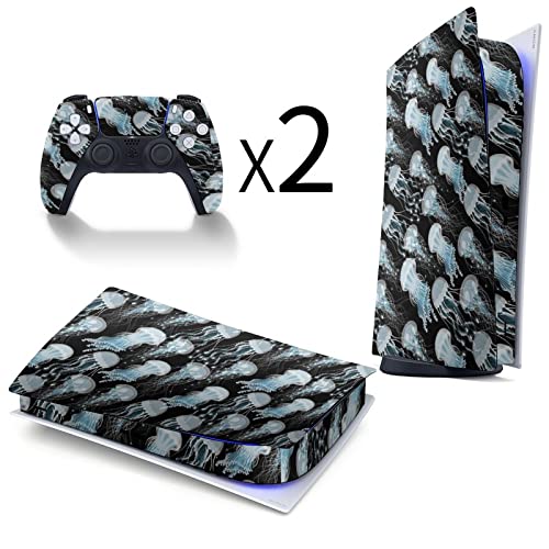 Glowing Jellyfish Full Protective Skin Cover Design Wrap Decal Sticker Compatible with PS5 Digital Edition Console and Controller