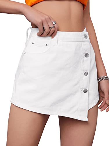 SweatyRocks Women's Casual High Rise Button Front Wrap Denim Skort Skirt with Pocket White 30