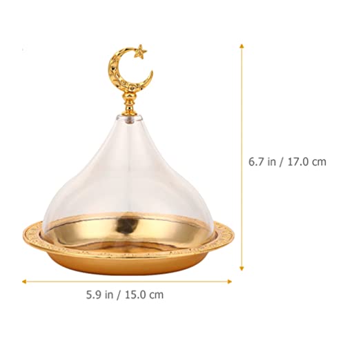 ULTECHNOVO Eid Mubarak Cake Stand with Dome Lid Cloche Golden Vintage Ramadan Kareem Serving Tray Cupcake Server Dessert Plate Eid Plates Islam Platter Ramadan Mubarak Eid Party Supplies