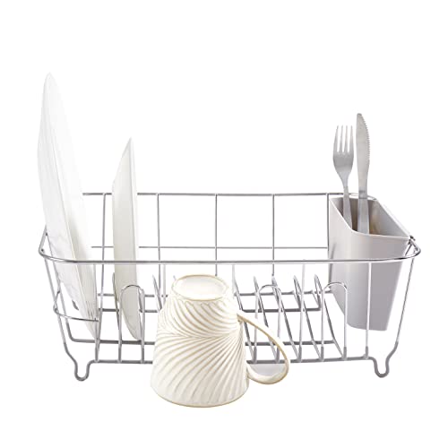 Sweet Home Collection 2 Piece Dish Drying Rack Set Drainer with Utensil Holder Simple Easy to Use Fits in Most Sinks, 14.5" x 13" x 5.25", Silver