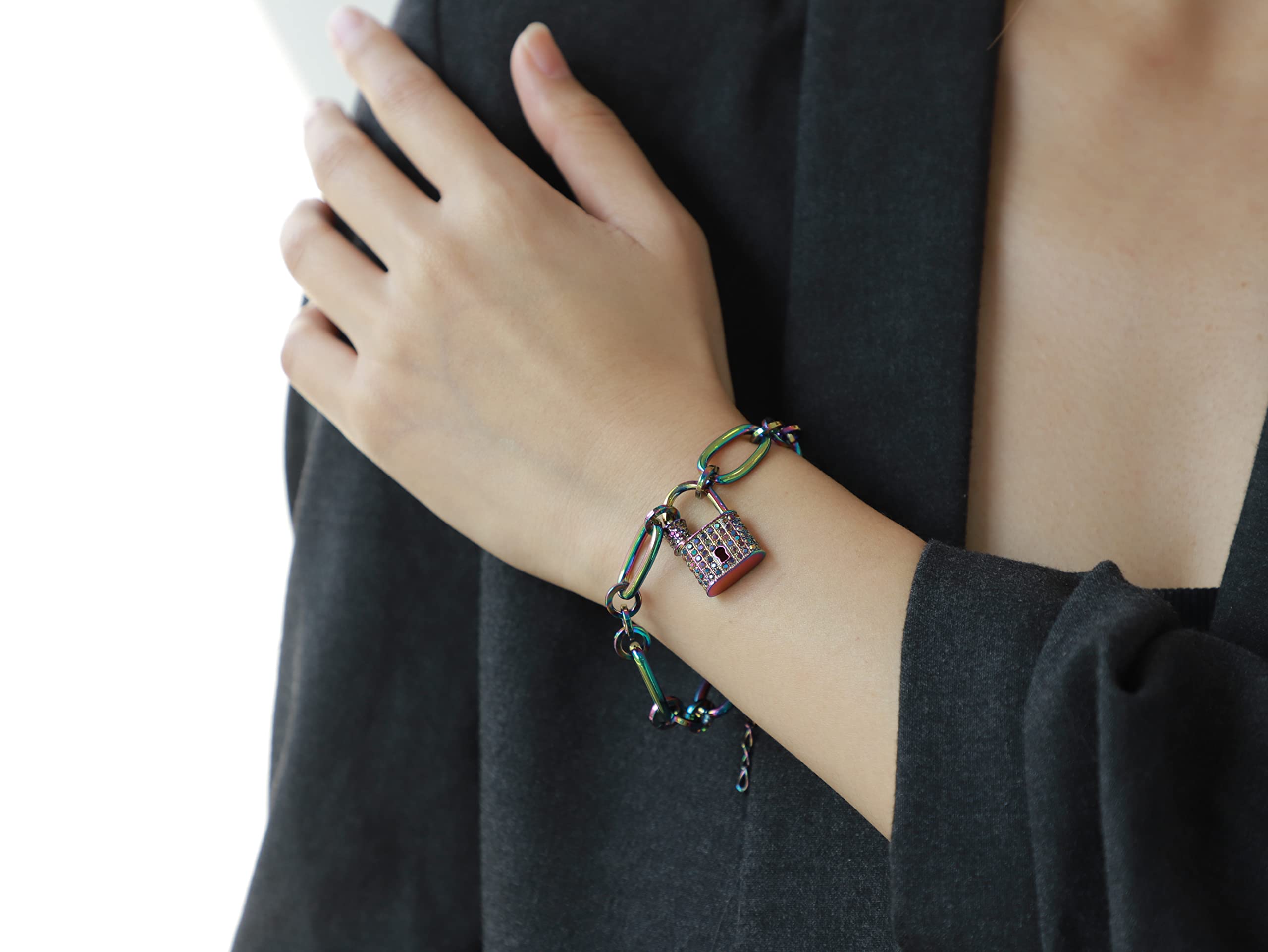 Donabus Statement Bracelet,Anodized Plated-Rainbow Bracelets,Oil Slick Chain Link Bracelet Charms for Unisex(Pad Lock)