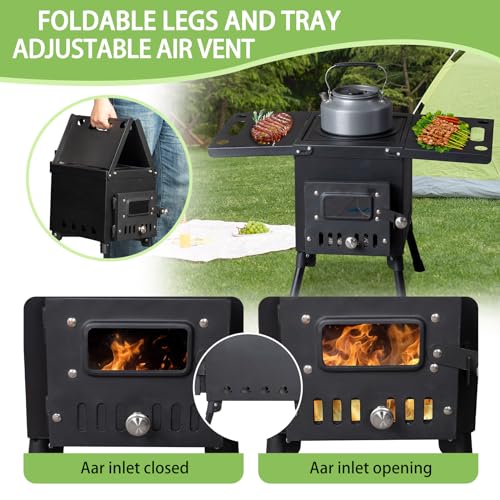 Kcelarec Camping Tent Stove with Chimney Damper | Folding Camping Wood Burning Stove Grill for Outdoor Cooking | Stainless Steel Grill