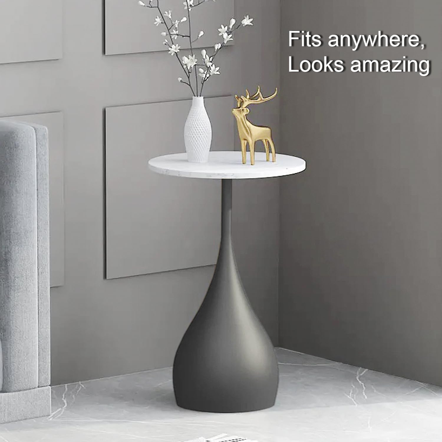Modish Luxury Round Marble Top End Table for Living Room - Round Accent Table for Small Spaces (Black Iron Leg), Medium