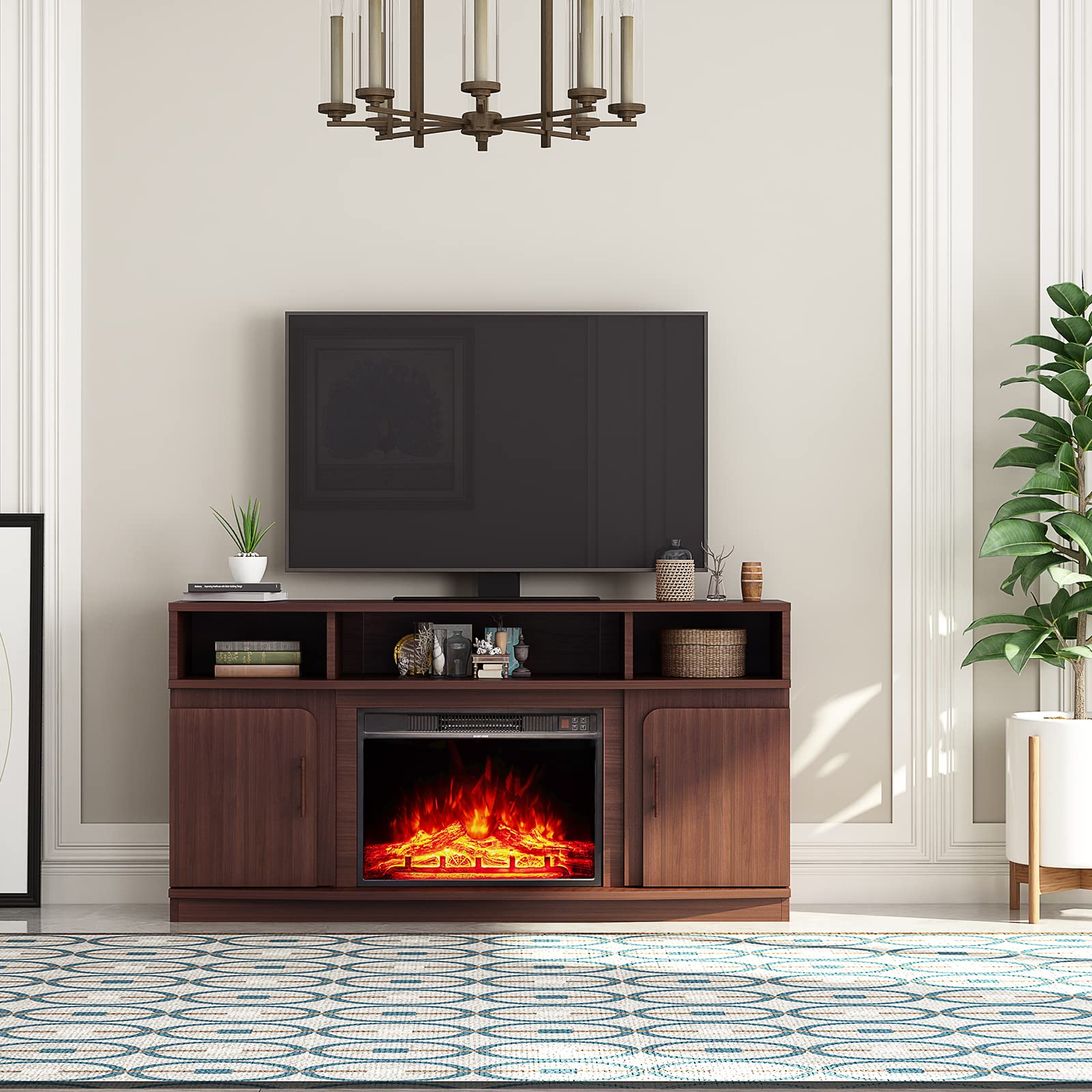 EROMMY 59'' Fireplace TV Stand with 23'' Electric Fireplace Insert, Entertainment Center with Adjustable Shelves, TV Console for TVs up to 65'' for Living Room, Bedroom, Office, Rustic Walnut