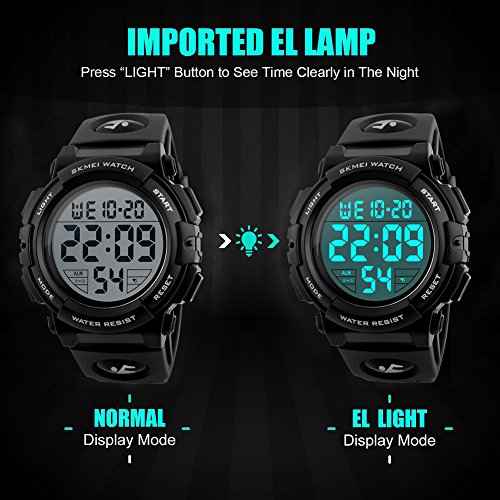 SKMEI Mens Big Dial Digital Watch Waterproof LED Chronograph Alarm Clock, Black, Strap