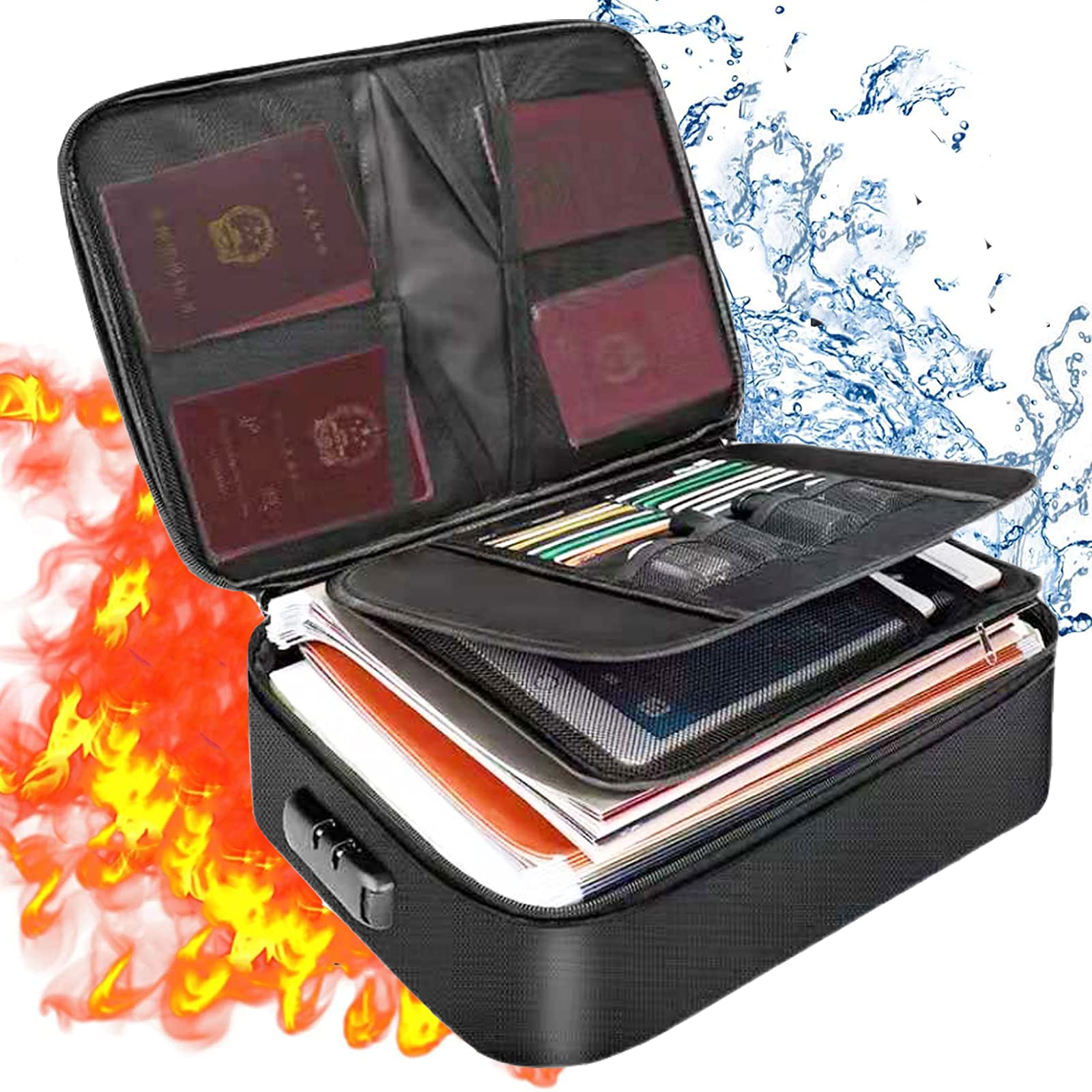 File Organizer Bags,Fireproof Document Bag with Money Bag,Home Office Travel Safe Bag with Lock,Multi-Layer Portable Filing Storage for Important File Passport Certificates Legal Documents