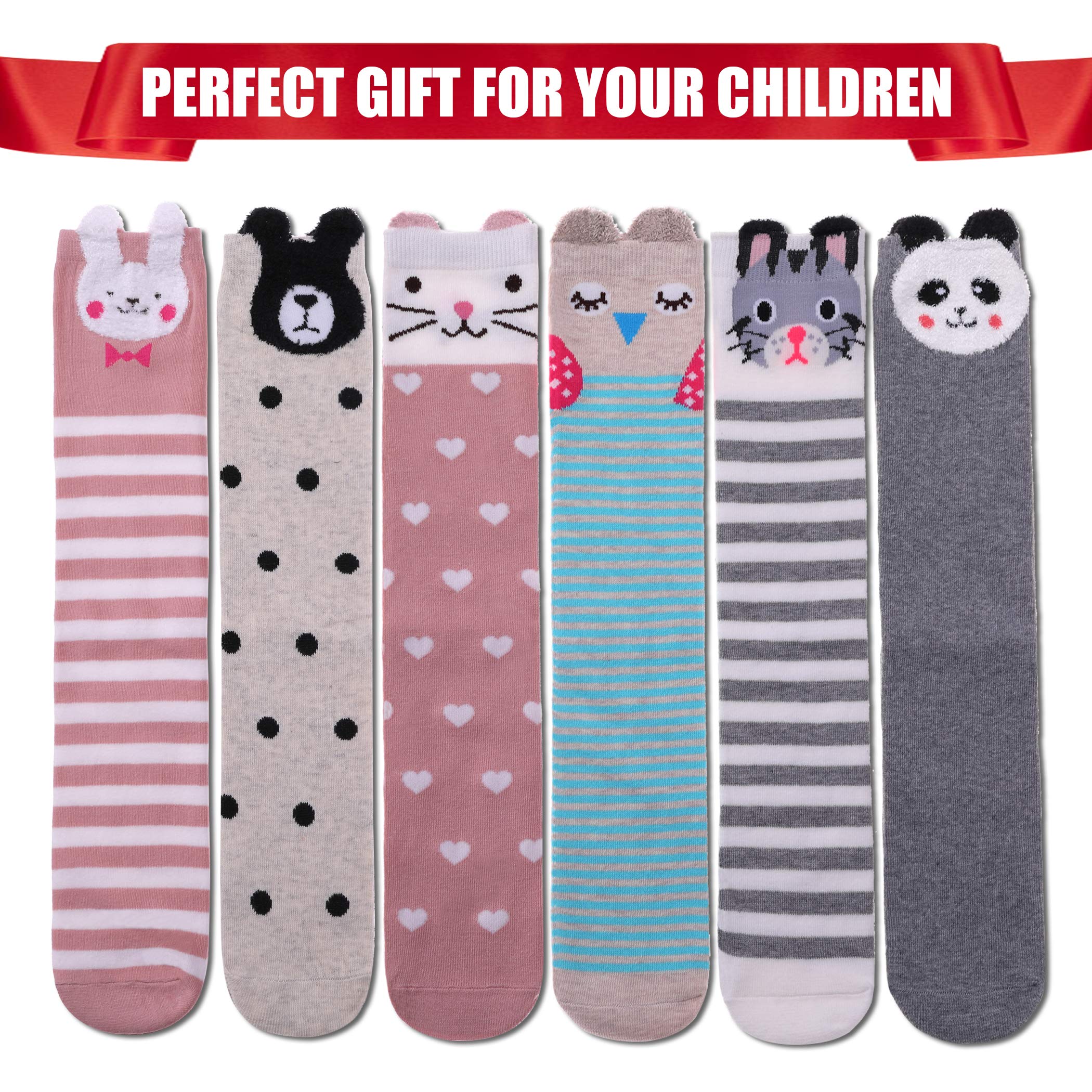 FNOVCO Girls Knee High Socks Cartoon Animal Patterns Cotton Over Calf Socks (6 Pairs Animal)