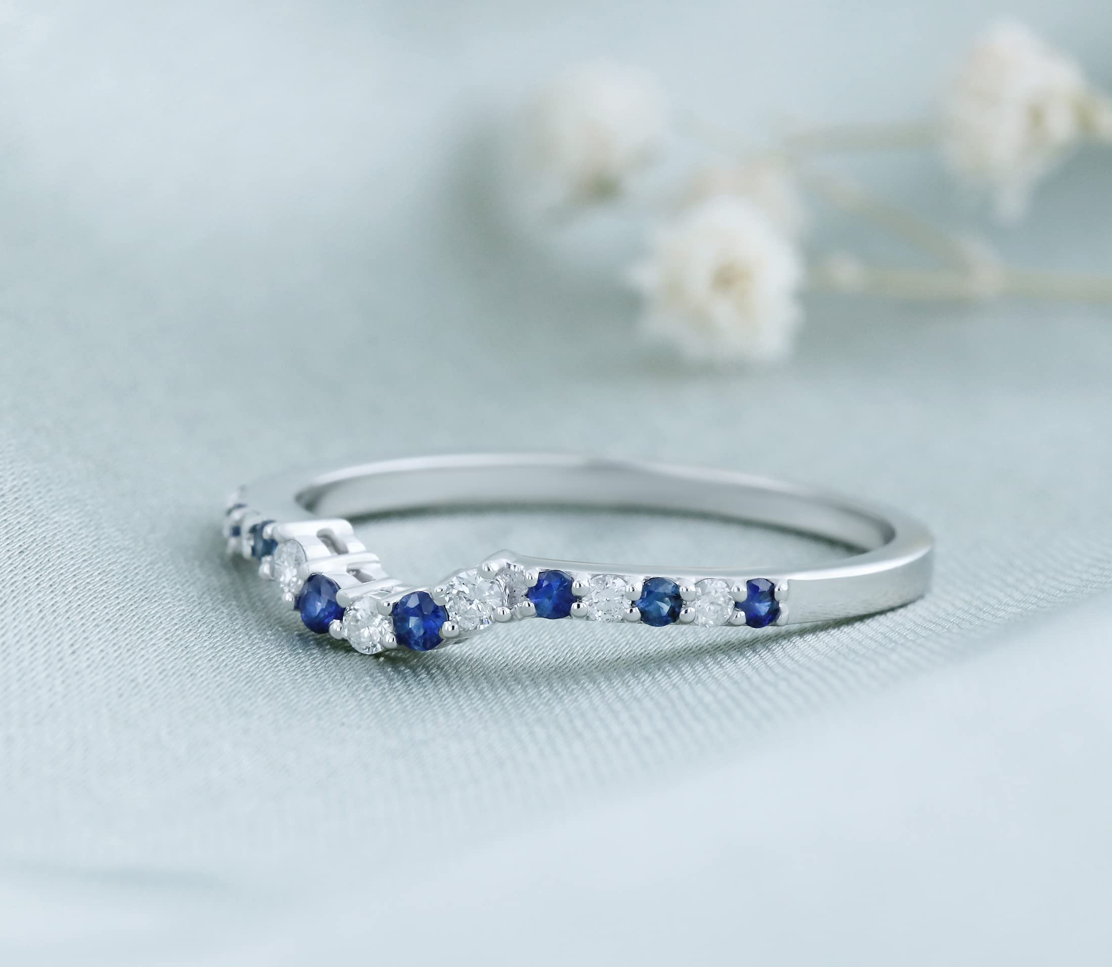 Dazzlingrock Collection Alternating Round Blue Sapphire & White Diamond Contour Wedding Stackable Ring for Her in 14K White Gold Size 5.5