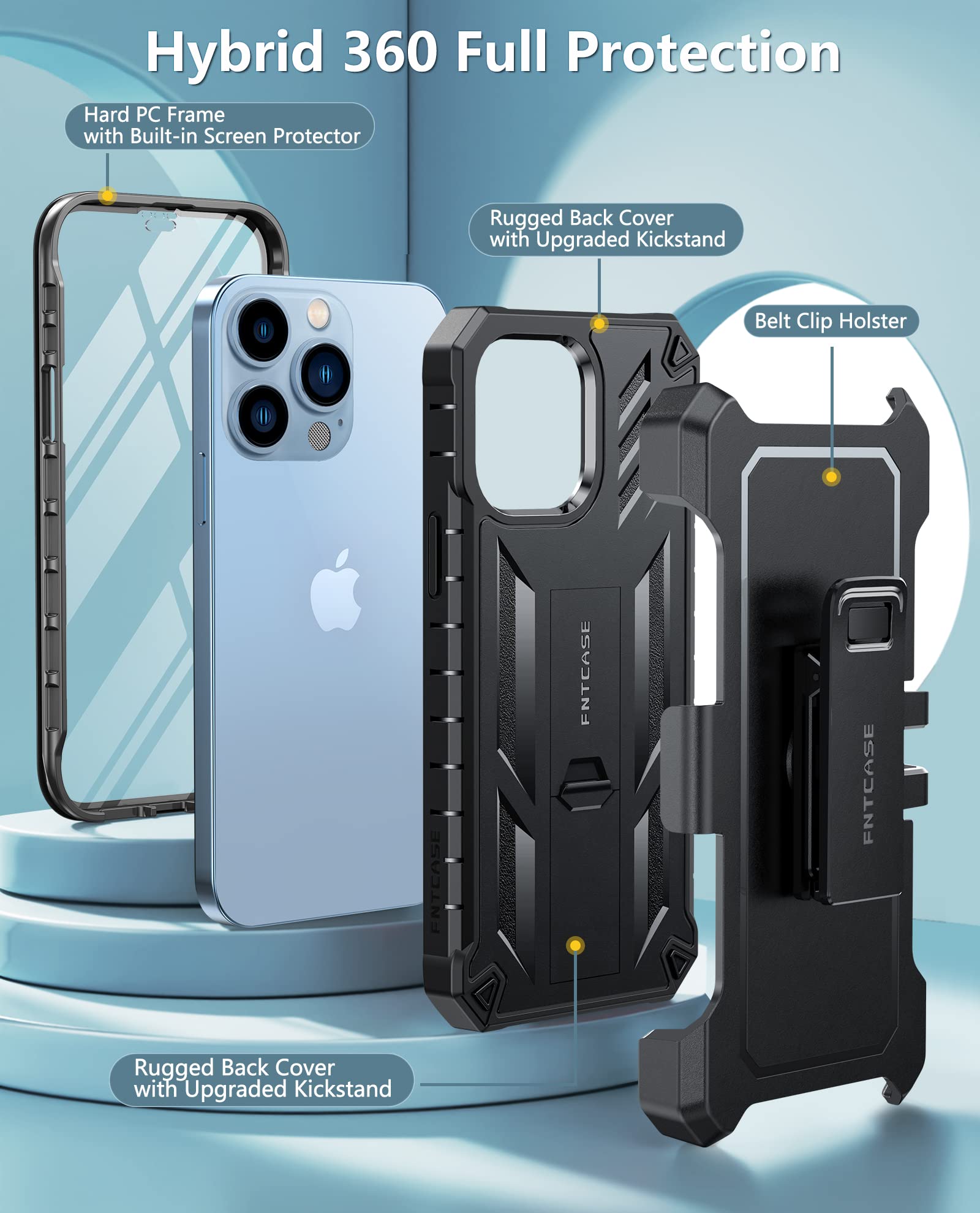 FNTCASE for iPhone 12-Pro-Max Phone Case: with Built-in Screen Protector & Kickstand & Belt-Clip Holster, Full-Body Dual Layer Rugged Military Shockproof Protective Cover-Black