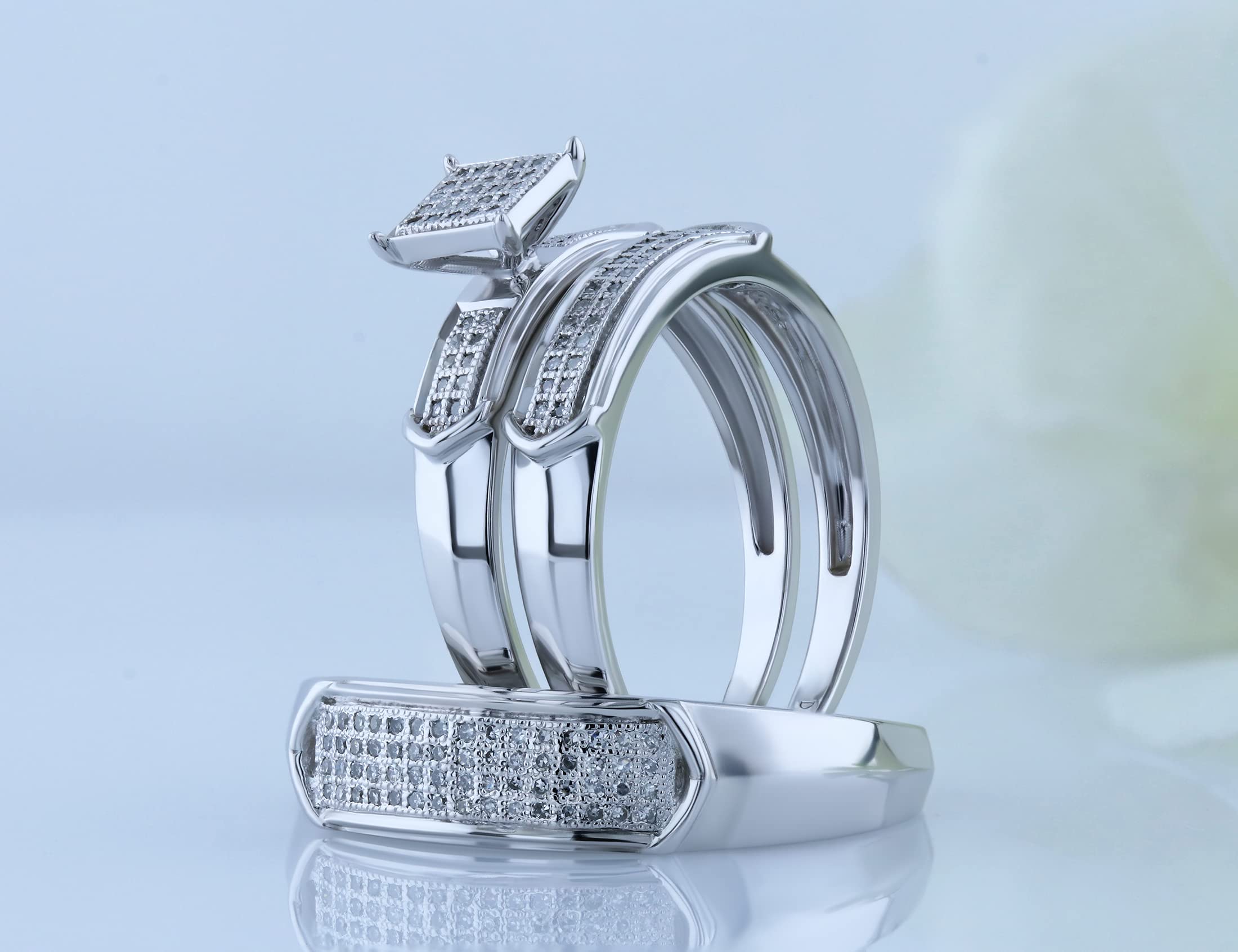 Dazzlingrock Collection 0.30 Carat (ctw) Round White Diamond Square Framed Wedding Trio Ring Set in 925 Sterling Silver, Women size 7 & Men size 7