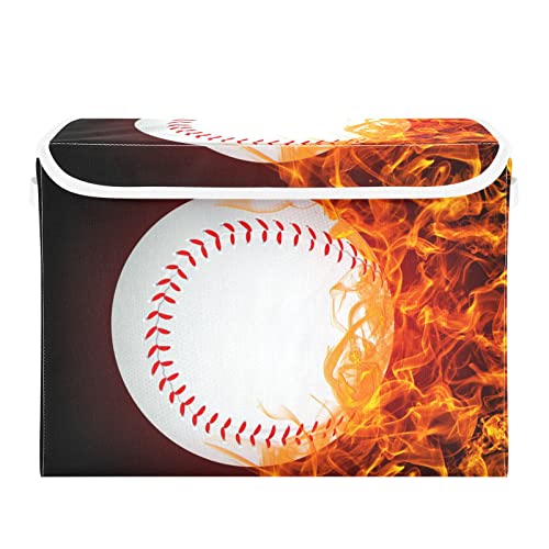 Kigai Fired Baseball Storage Basket with Lid,Collapsible Storage Box Fabric Storage Bin for Closet,Office,Bedroom,Nursery
