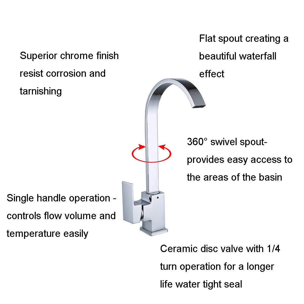 TSHH Square Kitchen Sink Faucet Single Handle One Hole Mixer Tap Kitchen Bath Faucet,Polished Chrome,FC1027