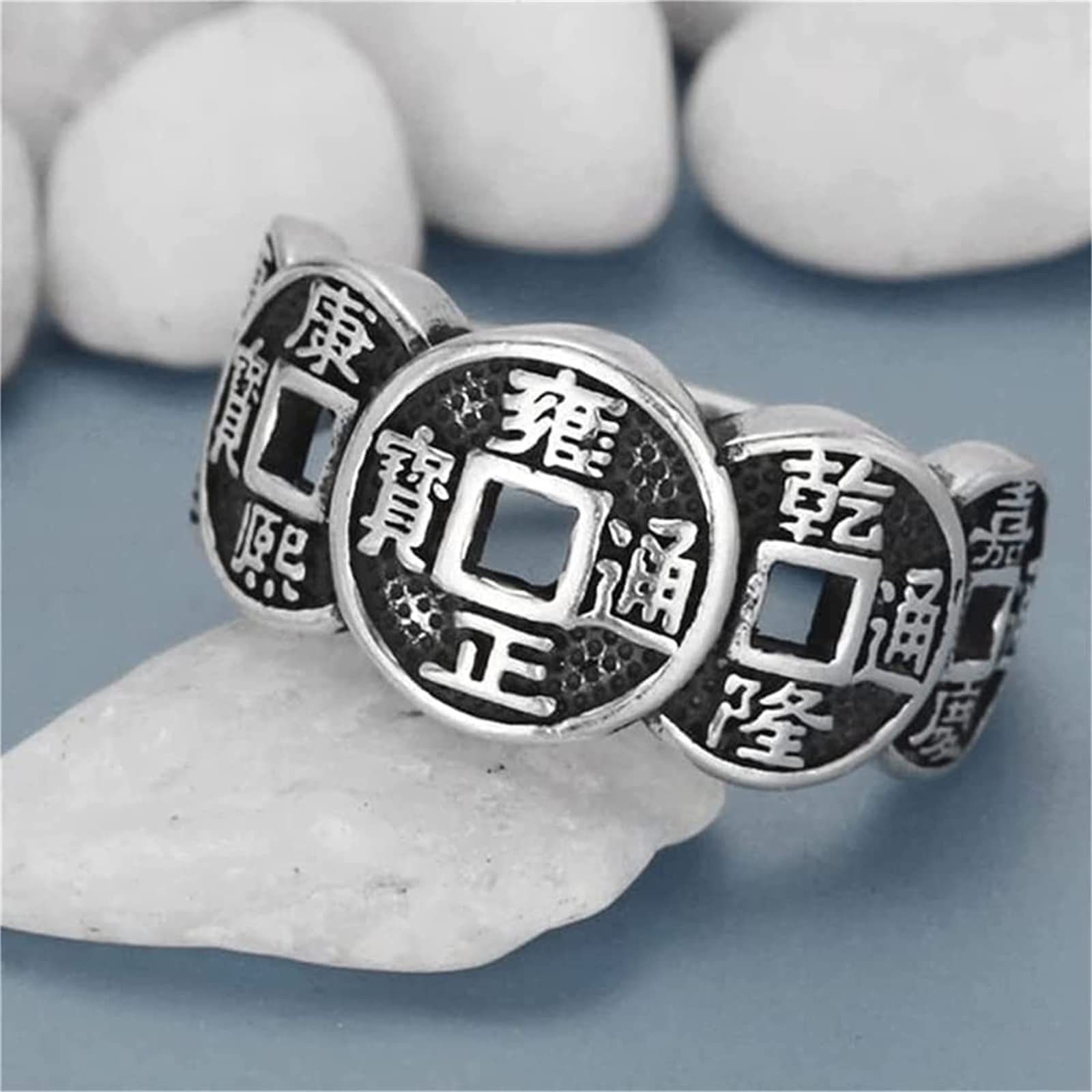 Five Emperor Coin Auspicious Ring,Retro Lucky Index Finger Ring Silver, Vintage Handmade Open Adjustable Ring Lucky Coin,Unisex Attract Wealth Money and Good Luck Ring (Silver)