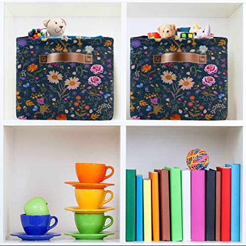 Kigai Large Storage Basket Cute Cartoon Flowers Square Foldable Canvas Laundry Baskets Bin Waterproof Inner Layer with Sturdy Handles for Kids Toy Nursery Blanket Clothes 1 Pack