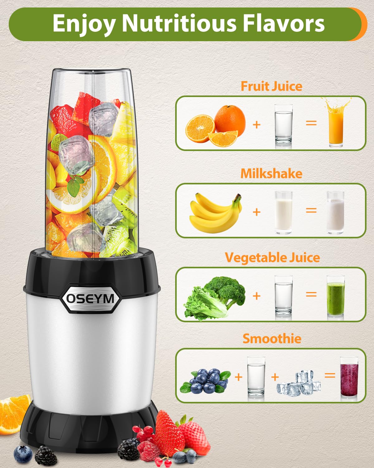 OSEYM Blender for Shakes and Smoothies, Large Size Personal Blenders for Kitchen Max 1000W High Power with Blending and Grinding, Countertop Blenders with 2 * 27 Oz & 10 Oz BPA Free Travel Cup and Lid