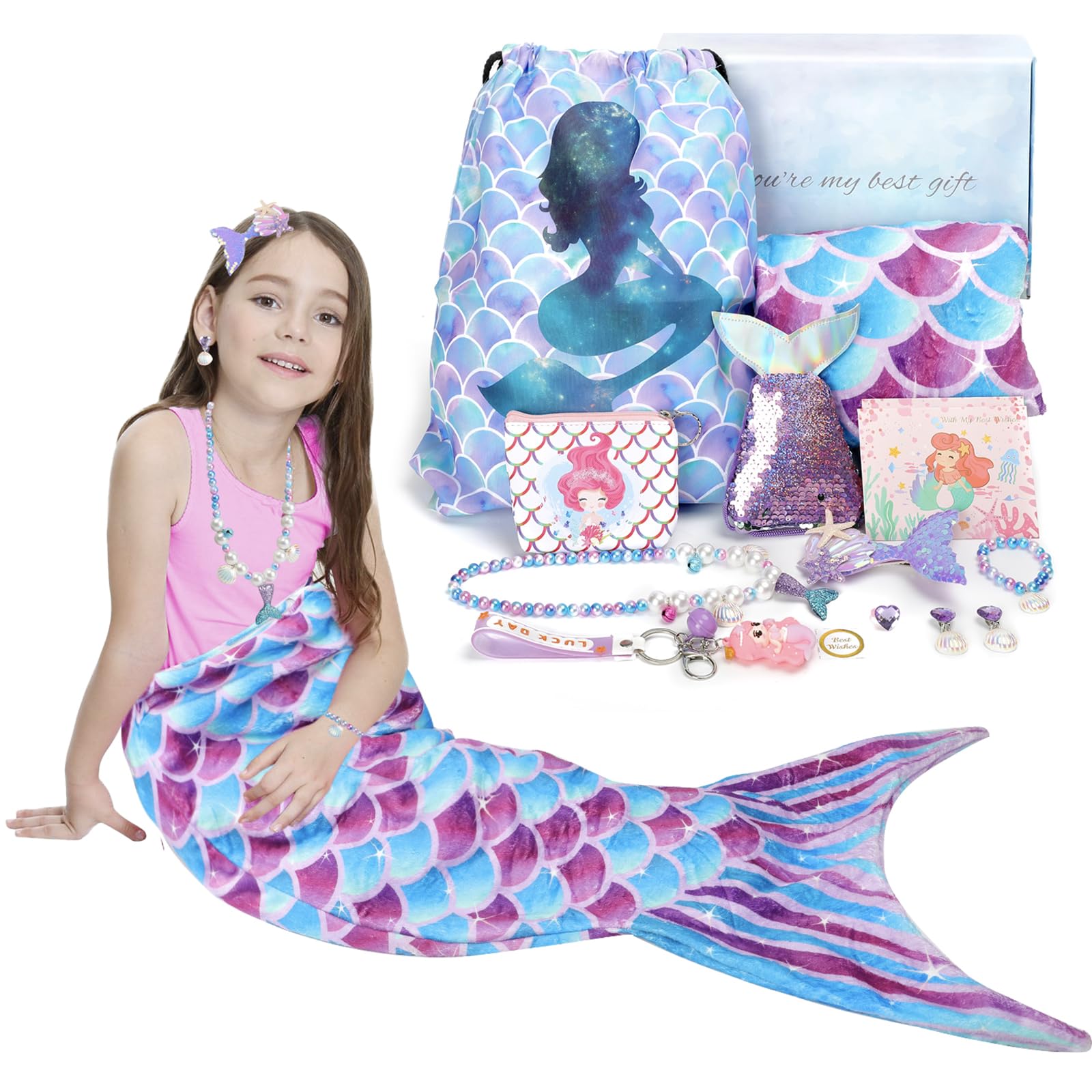 Mermaid Gifts Birthday Gifts for Girls 3 4 5 6 7 8 9 10 11 12 Years Old, Little Mermaid Tail Blanket Mermaid toys Jewelry Makeup Set, Christmas Gifts for Teen Girls