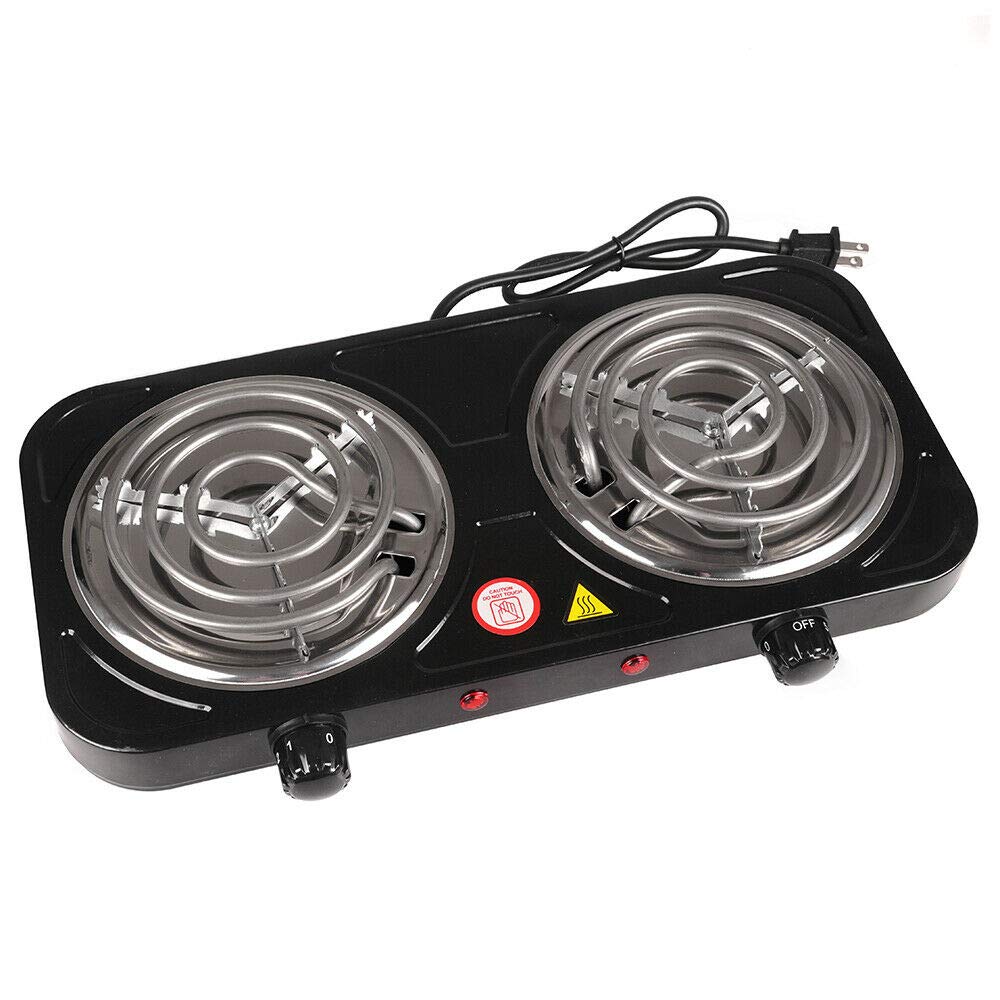 Electric Double Coil Burner, 2000W Electric Hot Burner Portable Stainless Steel Electric Stove with Dual 5 Level Temperature Control, for Home Dorm Office Camping Cooking (Double Coil Burner)