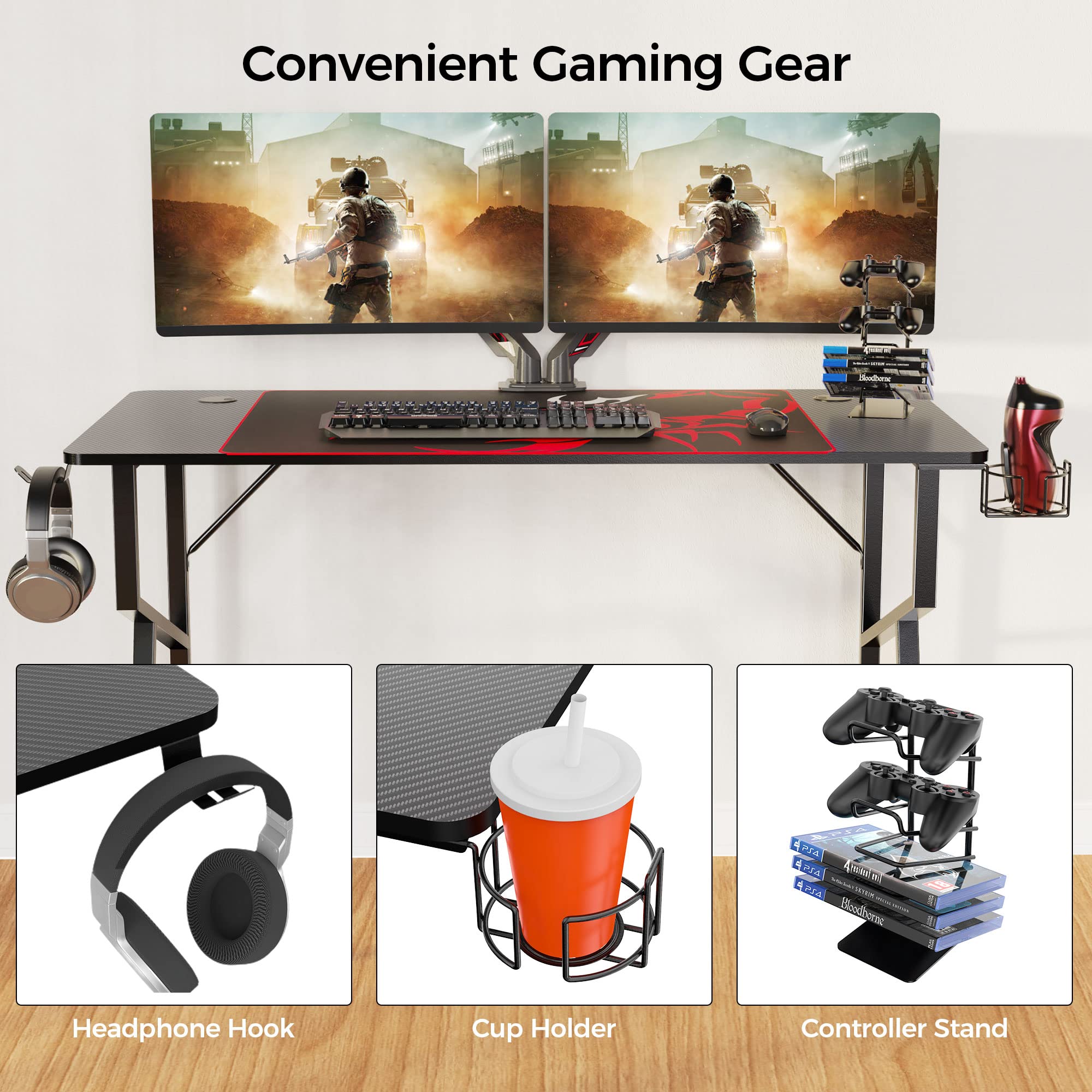 DESIGNA Gaming Desk 47'', K-Shaped Computer Desk, Office Desk Gamer Style with Mouse Pad, Cup Holder, Headphone Hook, Controller Stand, Easy to Assemble, Carbon Fiber Desktop, Black