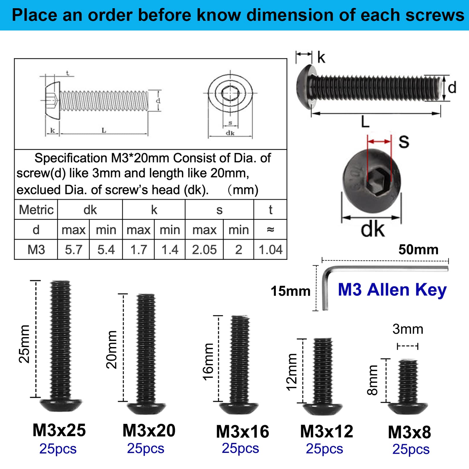 HanTof 125PCS Button Head Hex Socket Cap Screws Bolts, Black Grade 10.9 Alloy Steel, Metric M3 x 8/12/16/20/25mm Allen Head Hex Socket Drive Machine Screw Set with Hex Key, Fully Threaded Pitch: 0.5mm