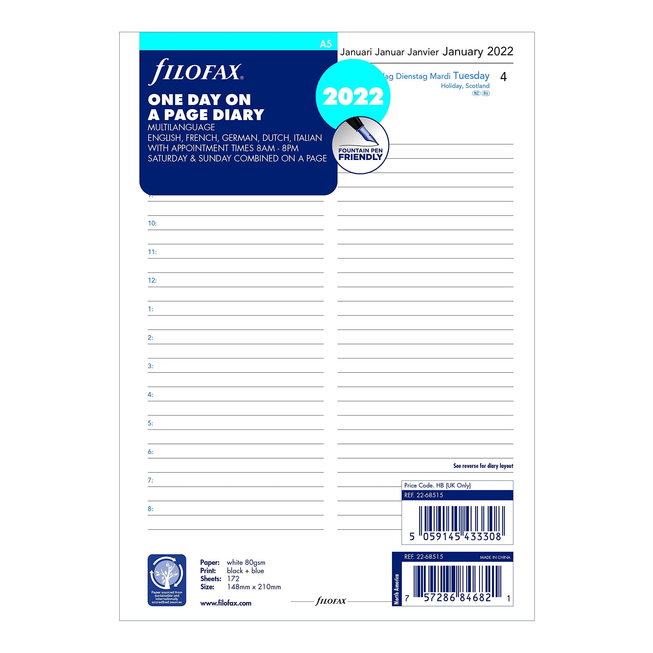 Filofax Refill, A5 Size, Day on One Page with Appointments, White Paper, Multilingual: Five Languages, 2022 (C68515-22), 5.75 inches X 8.25 inches
