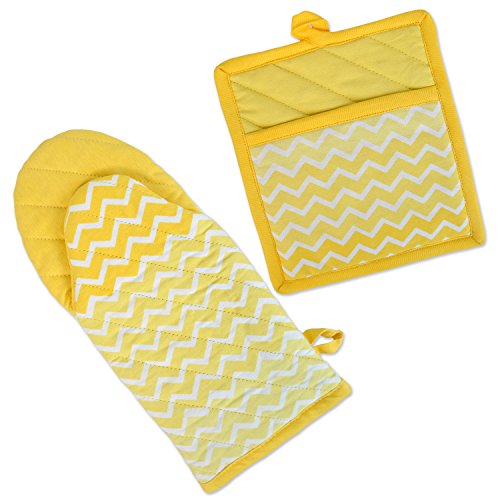 DII Quilted Kitchen Oven Mitt & Potholder Set, Hanging Loop for Convenient Storage, OM 6x13/PH 8x9, Ombre Yellow Chevron