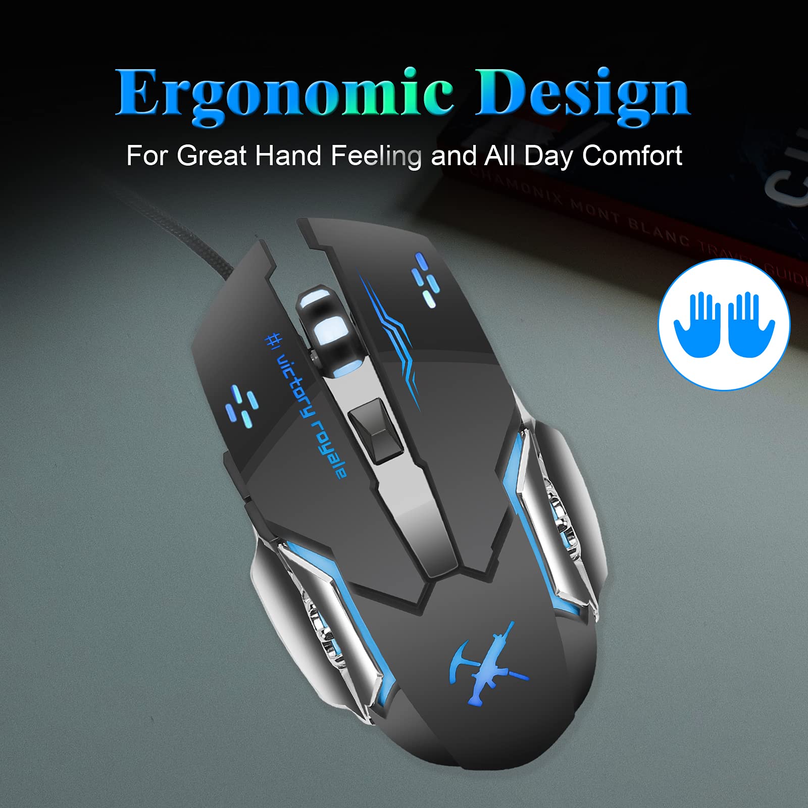 FIYOO Battle Royale Gaming Mouse,LED Backlit Optical Game Mice Ergonomic USB Wired Mouse Compatible with Laptop PC, 7 Buttons, 4 Adjustable DPI