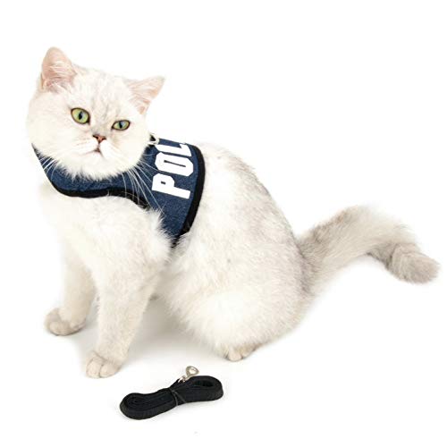 SMALLLEE_LUCKY_STORE Police Print Soft Mesh Denim Cat Harness and Leash Set for Walking Escape Proof Adjustable No Pull Choke Boy Small Puppies Kitten Rabbit Dog Harness Vest, Dark Blue L