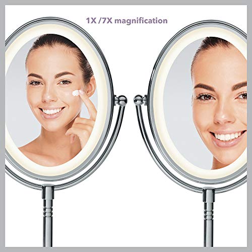 Conair Lighted Makeup Mirror, LED Vanity Mirror, 1X/7X Magnifying Mirror, Double Sided, Battery Operated in Polished Chrome