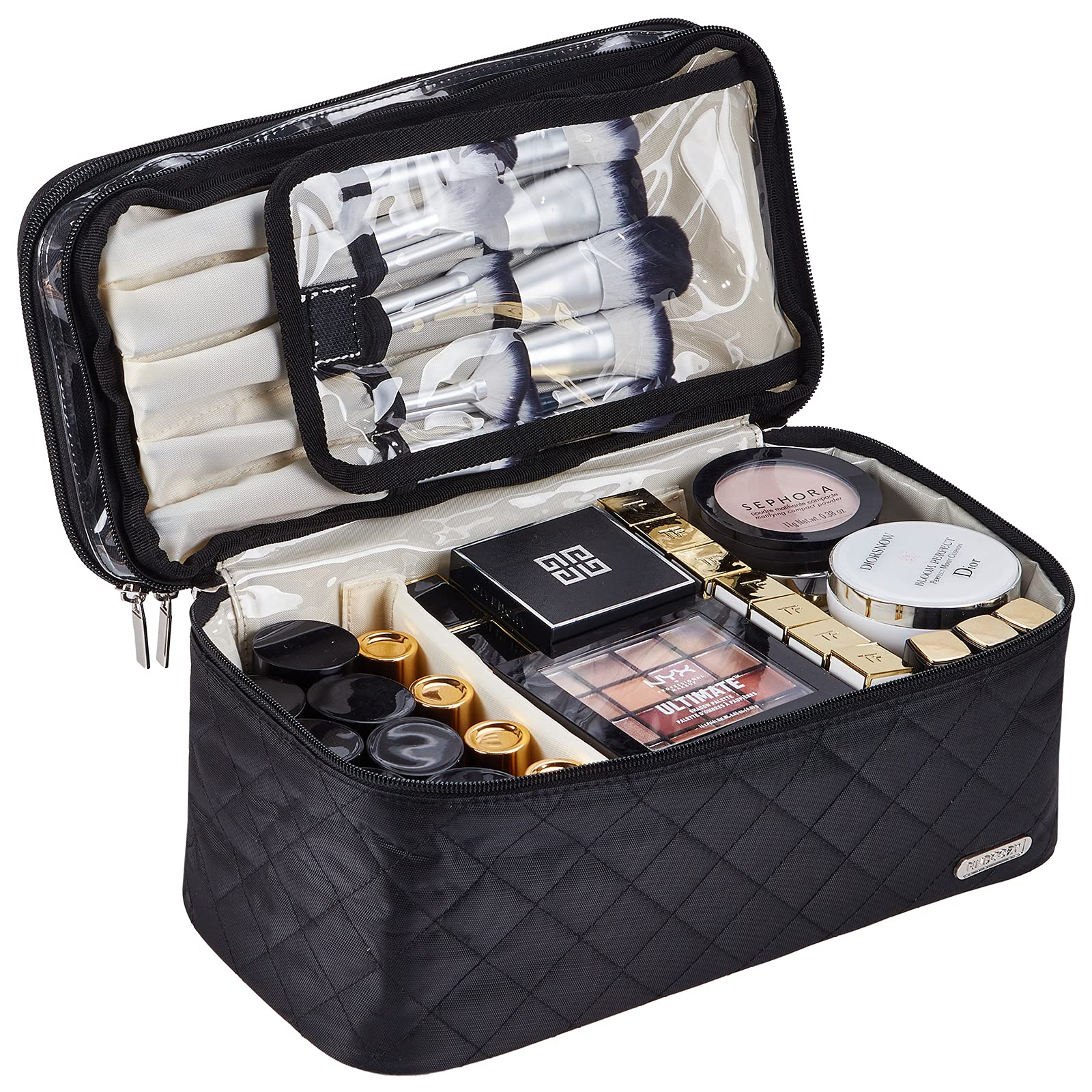 FINDCOZY Double Layer Makeup Bag, Large Cosmetic Case for Women, Make Up Organizer for Brushes, Beauty, Eyeshadow Palette, Lipstick (Black, Clear top)